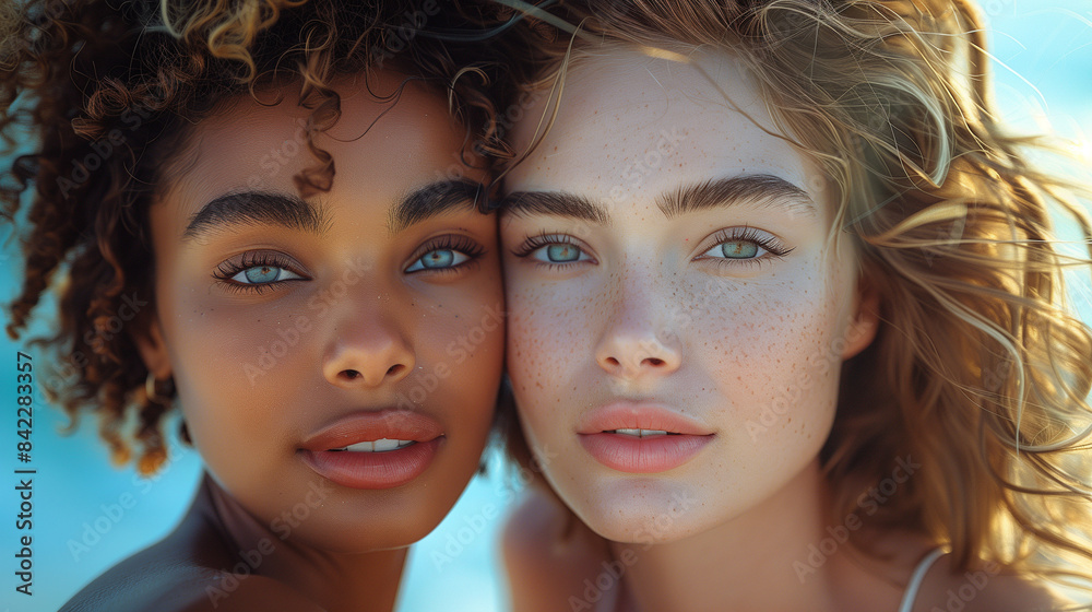Close-up shot of two models, one dark-skinned woman and one white woman ...