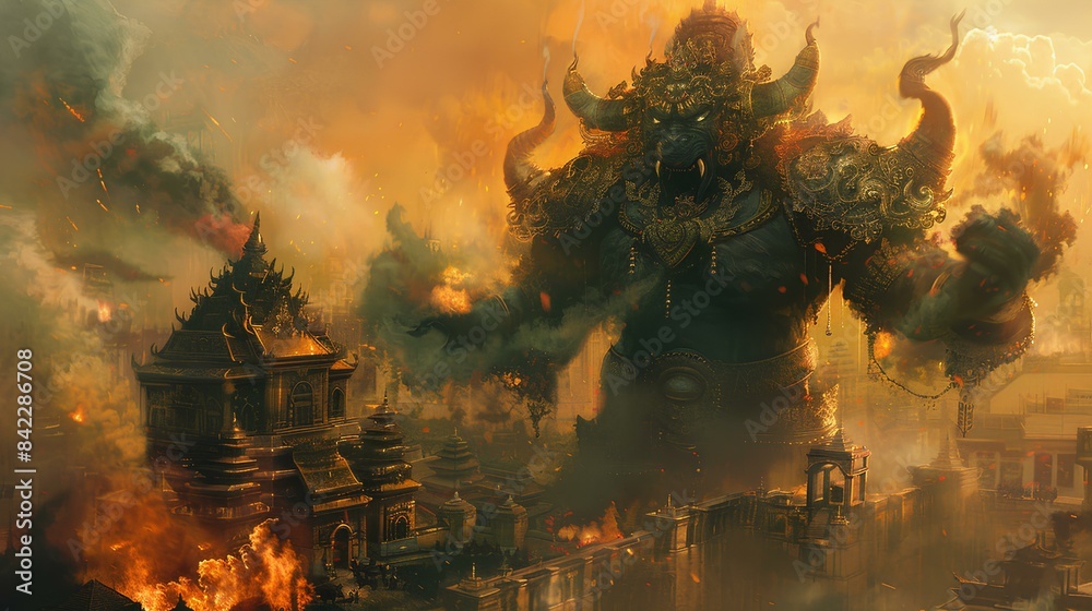 A stylized rendering of the giant Tosakanth (Ravana) in a fierce battle ...