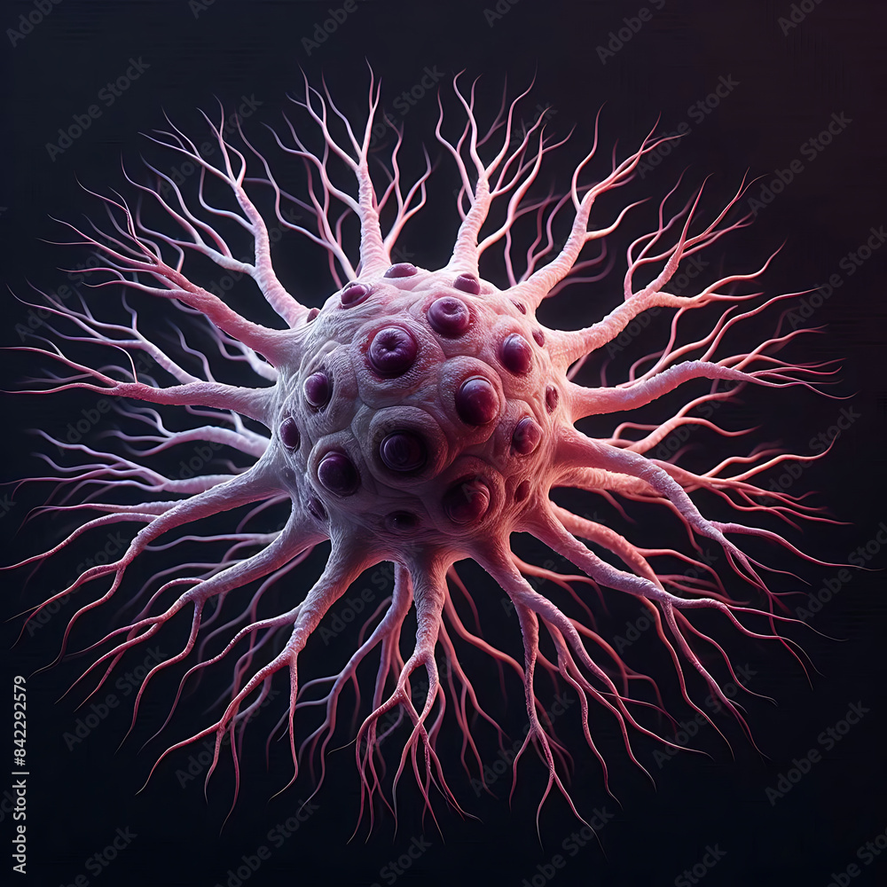 Digital rendering of a neuron cell with numerous dendrites protruding ...