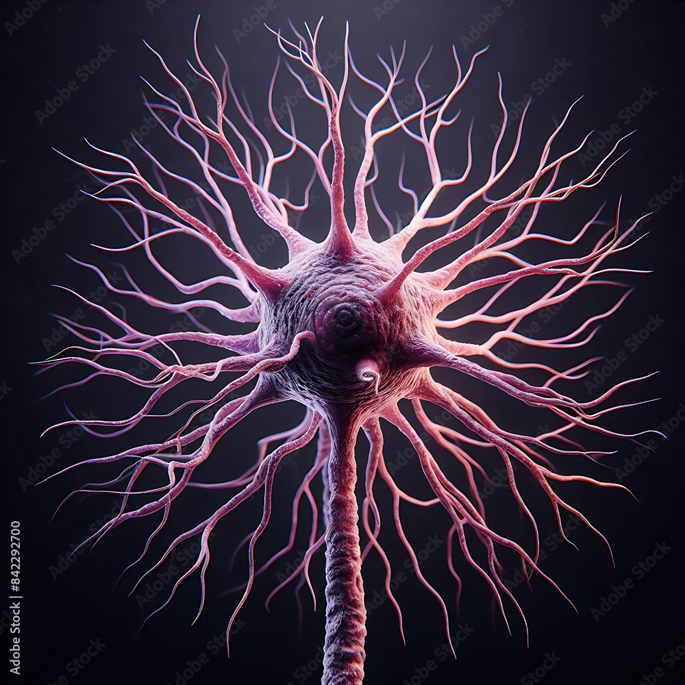 Digital rendering of a neuron cell with numerous dendrites protruding ...