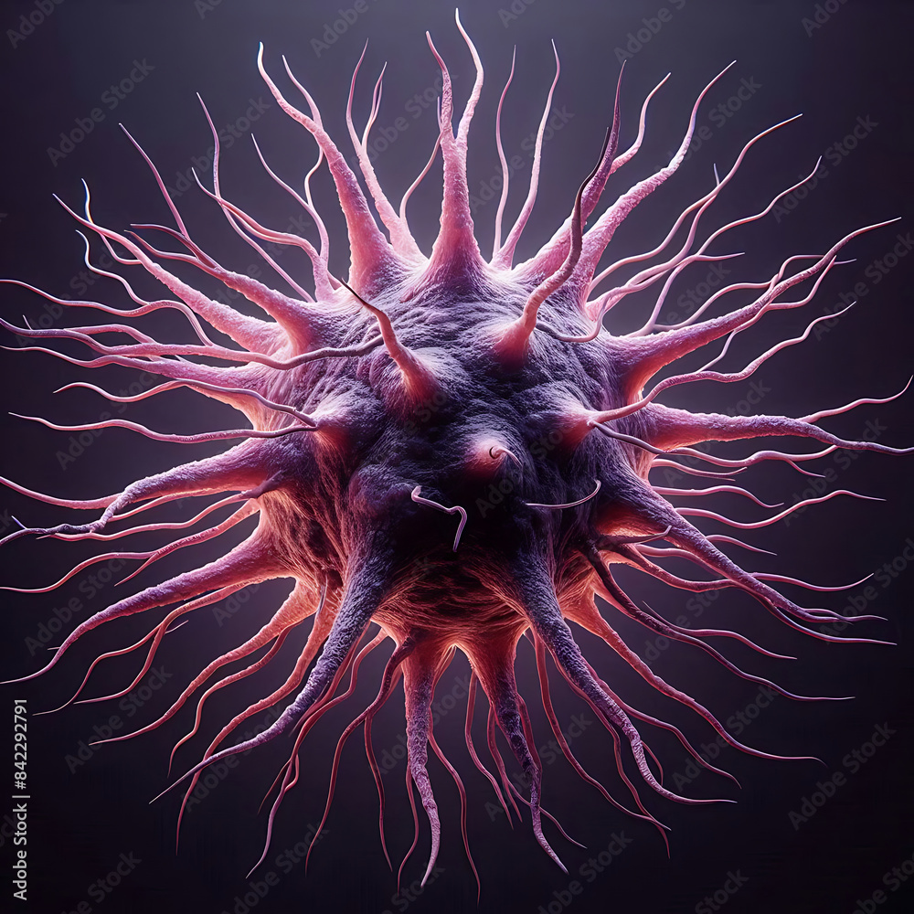 Digital rendering of a neuron cell with numerous dendrites protruding ...