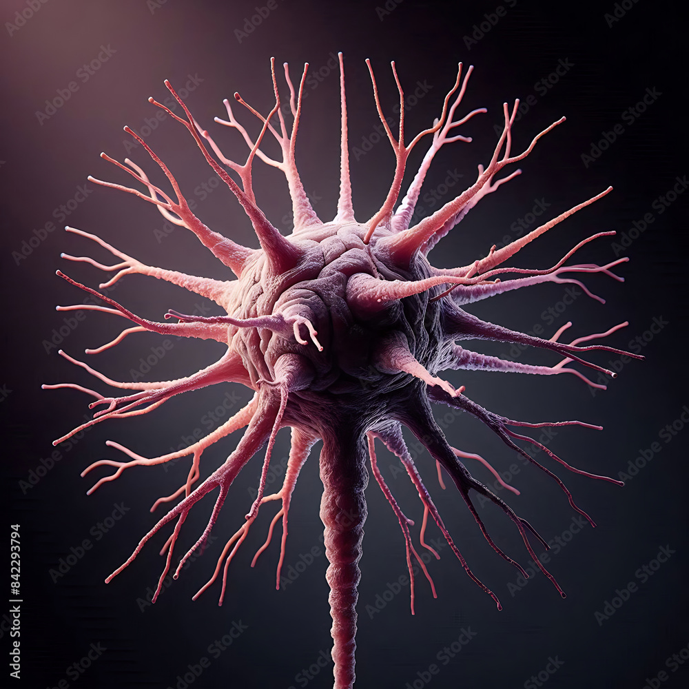 Digital rendering of a neuron cell with numerous dendrites protruding ...