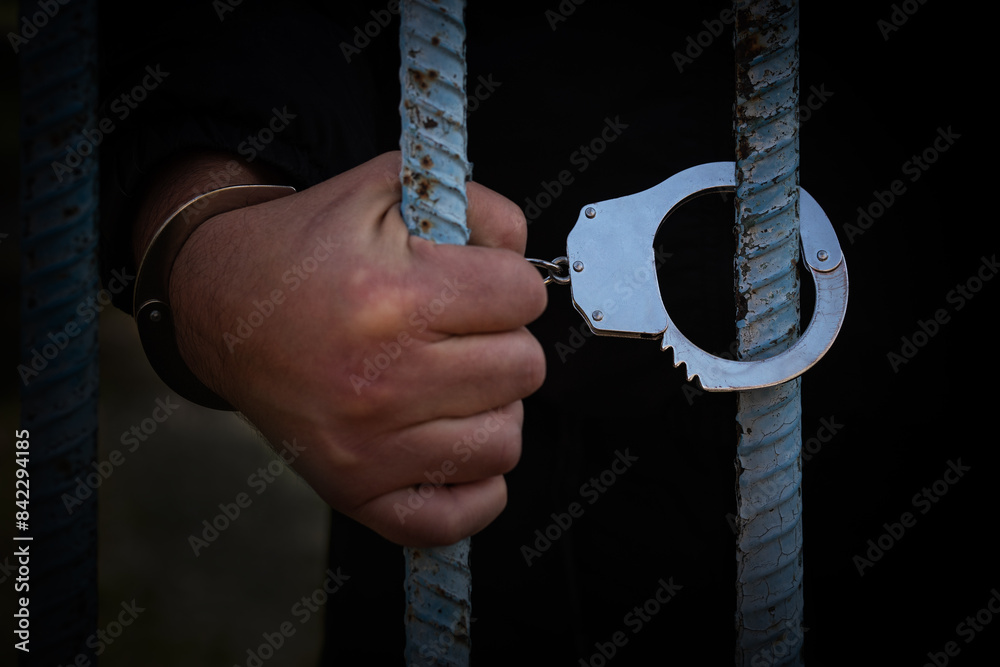 hands of prisoner with handcuff in jail as background, hands in ...