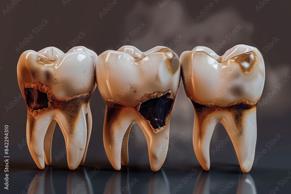 Three decayed teeth on a reflective surface showing various stages of ...