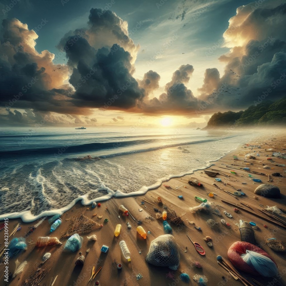 Visualize the grim reality of beach pollution with a stark depiction of ...