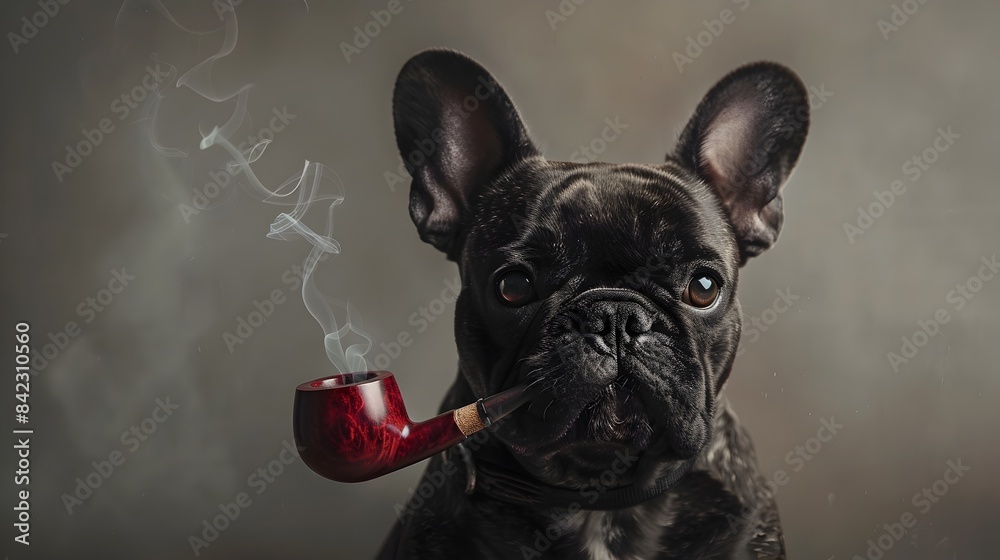 Surreal of a Well-Dressed French Bulldog Smoking a Pipe in a Studio ...