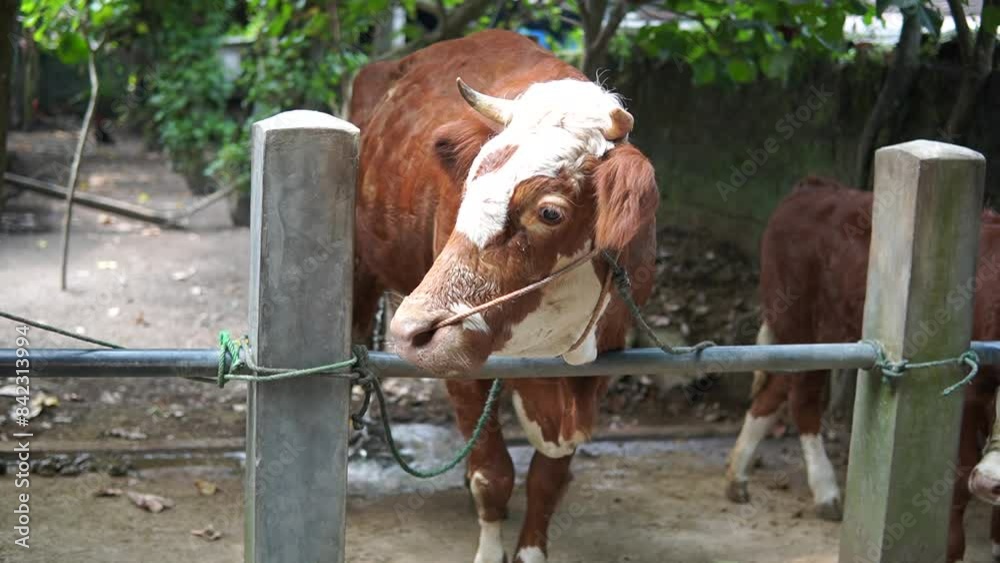 Footage of a brown cattle cow peeing and tied to a post in a field ...