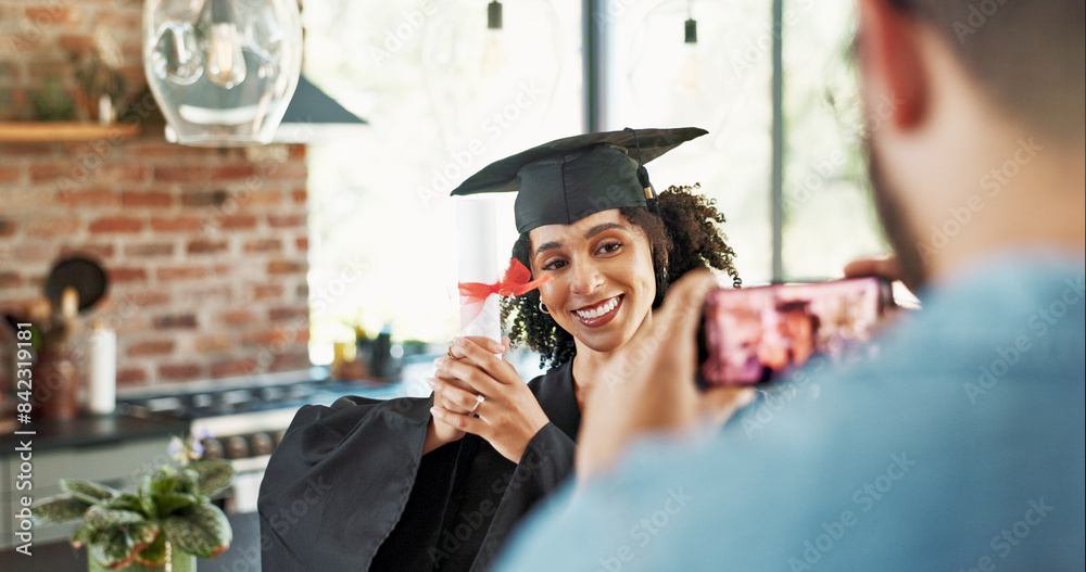 Home, university and photo of woman for graduation, ceremony and ...