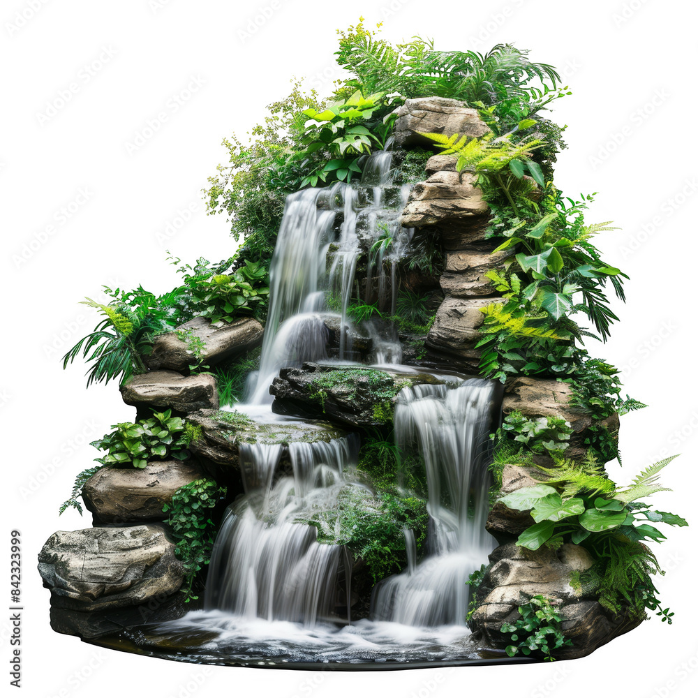 waterfall with a waterfall surrounded by plants and rocks, transparent ...