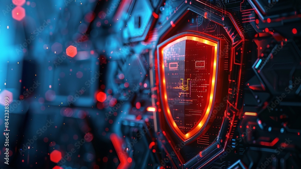 Futuristic cyber security shield with glowing red light on technology ...