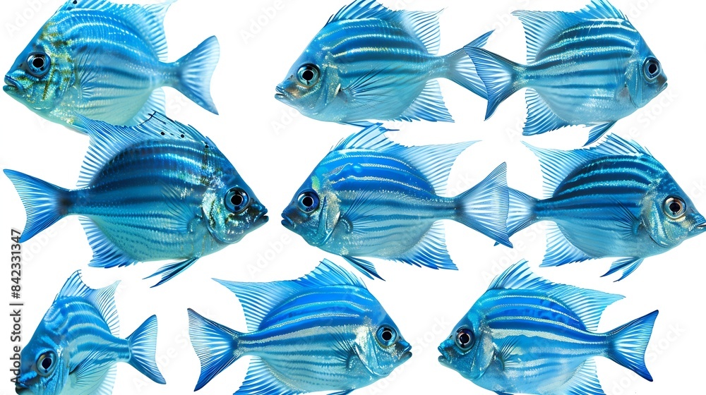 Shool of blue tropical striped fish in the ocean isolated on white ...