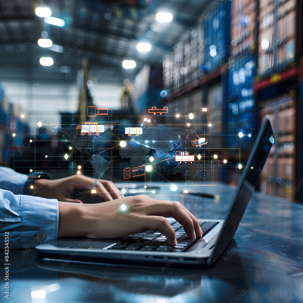 SCM or supply chain management concept, Businessman using a laptop with ...