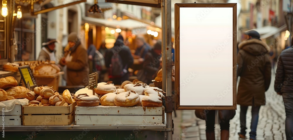 Vertical blank billboard on a compact artisan bakery in a historic ...