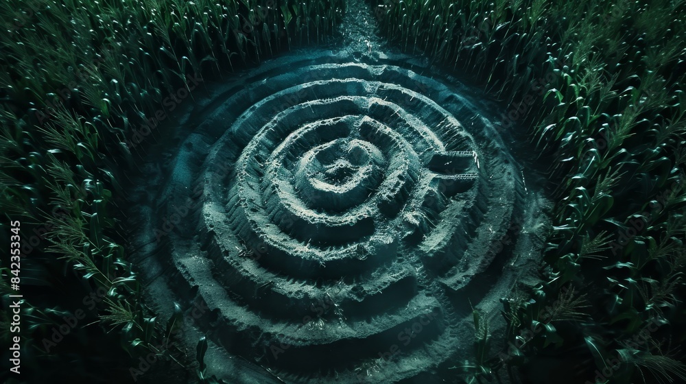 Bird's-eye view of a sand labyrinth with intricate pathways, surrounded ...