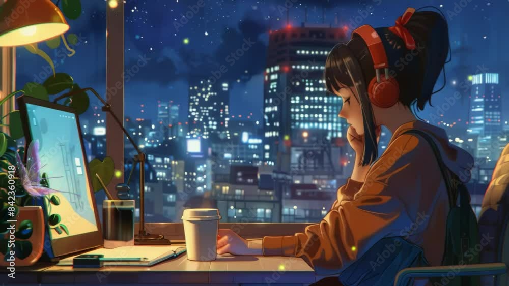 Seamless looping 4K time-lapse animation of an anime girl studying in ...