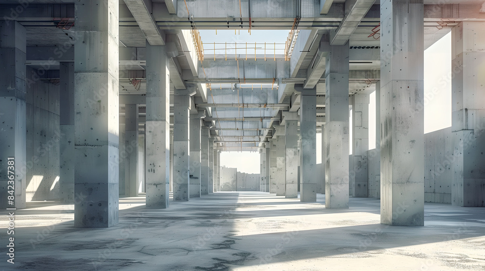 Inside a building under construction, concrete columns and beams frame ...