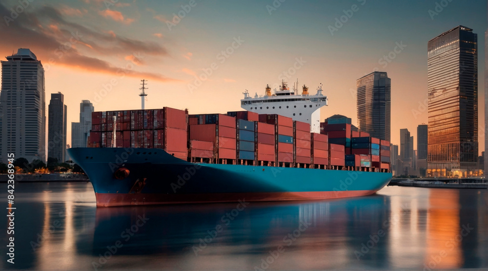 Rendering of a container ship entering a port amidst tall skyscrapers ...