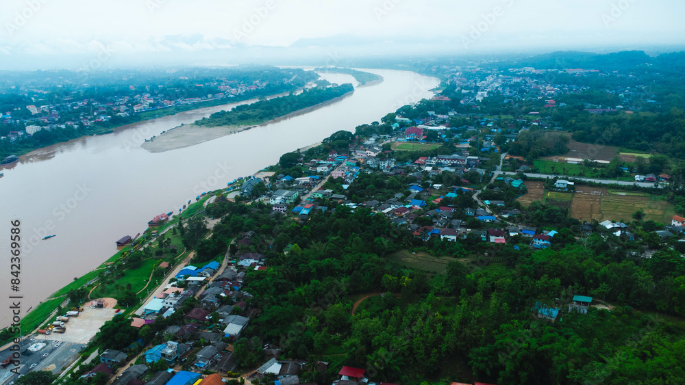 Aerial view of the mighty Mekong River winding from Chiang Khong ...