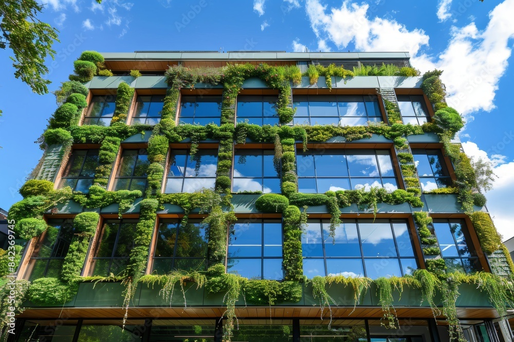 A modern eco-friendly building featuring lush green walls, blending ...