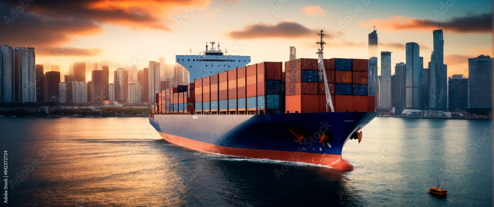 Rendering of a container ship entering a port amidst tall skyscrapers ...