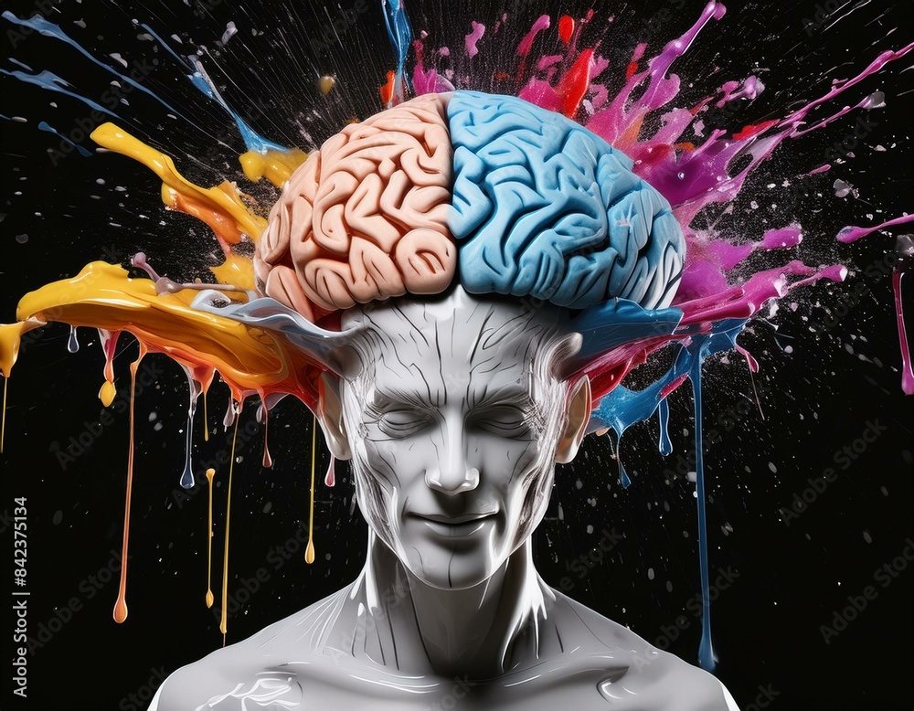 Creative art brain explodes with paints with splashes on a black ...