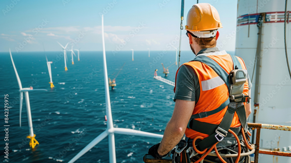 An engineer maintaining an offshore turbine house, a professional ...
