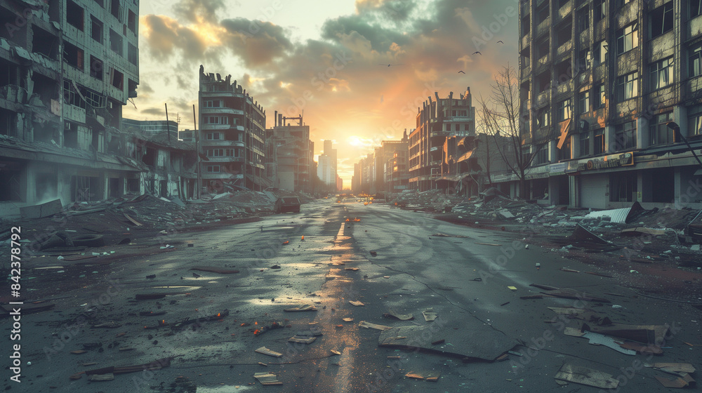 Empty street in a destroyed city. The apocalyptic landscape of the city ...