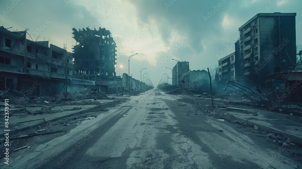 Empty street in a destroyed city. The apocalyptic landscape of the city ...