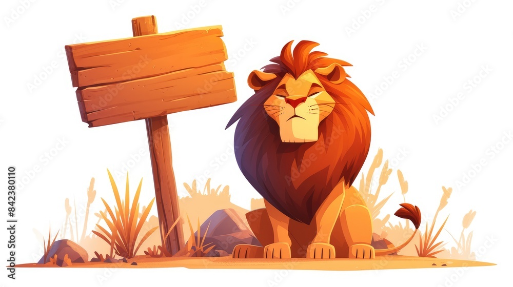 2d cartoon icon depicting a lion in a zoo next to a wooden signboard ...