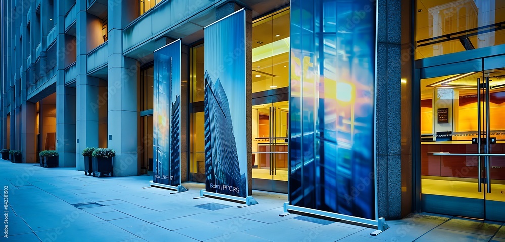 Entrance banners, medium square, at a high-end law firm. Stock Photo ...