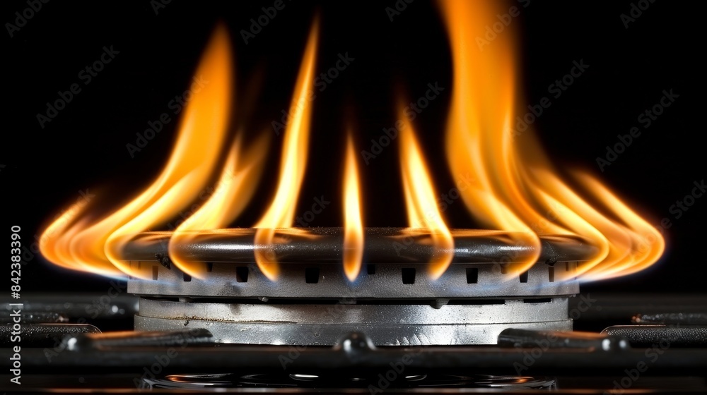 Bright gas burner flame casting light on dark background for ...