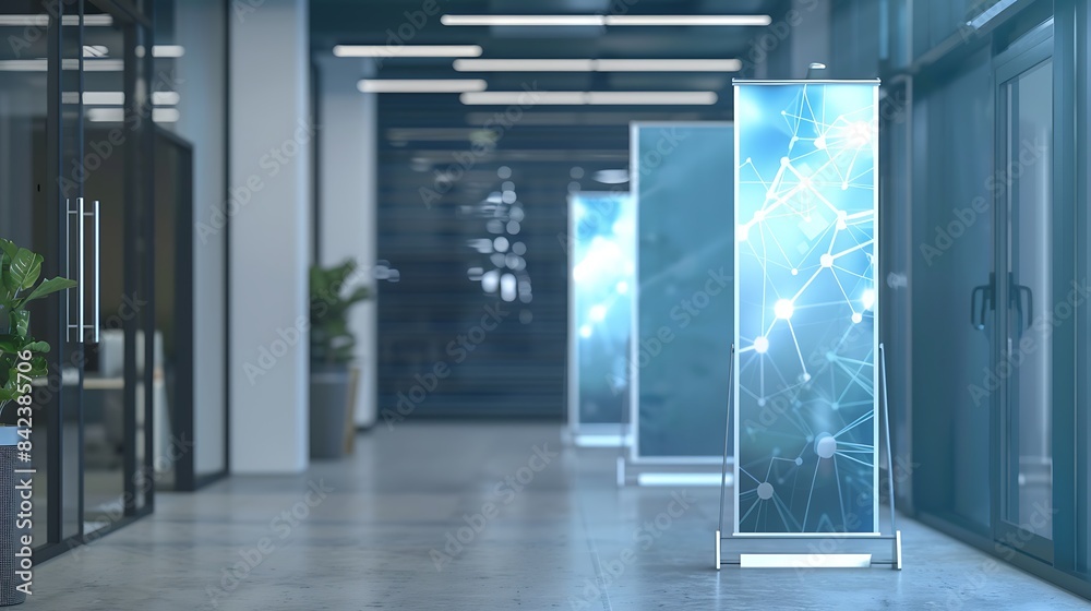 Blank roll-up standee banners at the main entrance of a tech incubator ...