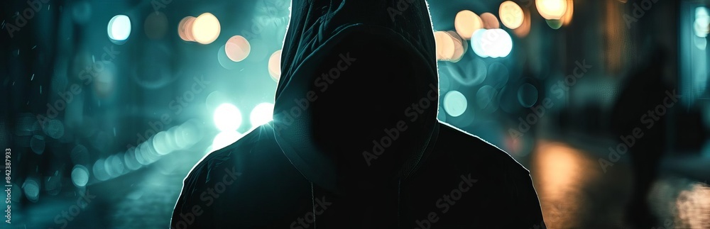 Frontal close-up, silhouette of a hooded man, dark street background ...