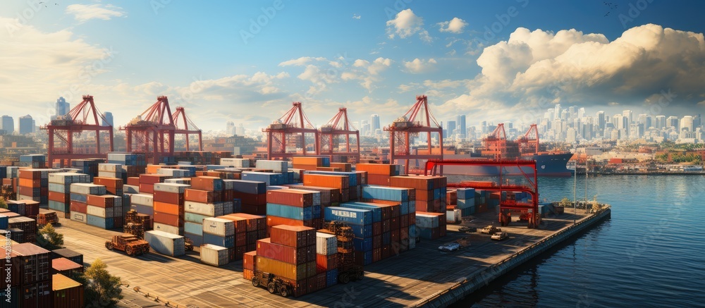 container ship cargo containers in logistics port terminal, background ...