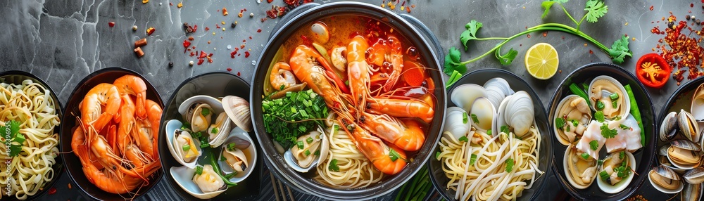 Top view collage of Chinese seafood hot pot, showcasing shrimp, crab ...