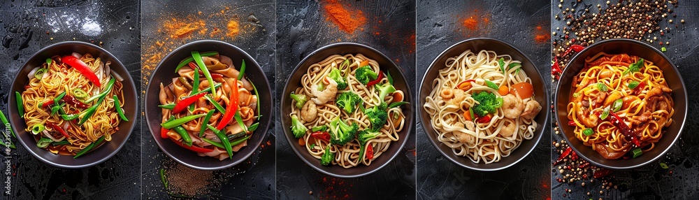 Top view collage of different types of Chinese noodles, including chow ...