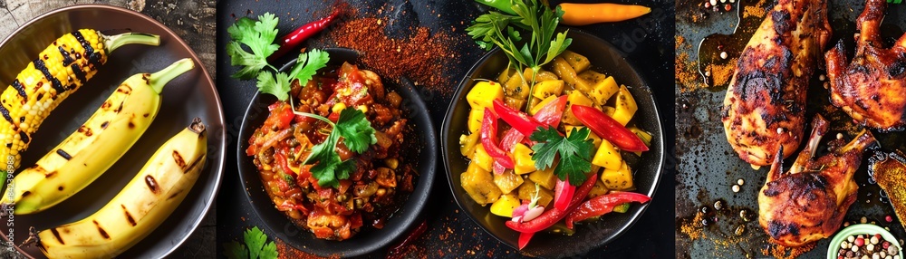 Top view collage of Jamaican cuisine, showcasing jerk chicken, ackee ...