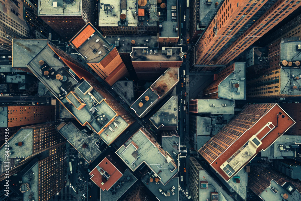 Top-down aerial view of urban rooftops, emphasizing the repetitive ...