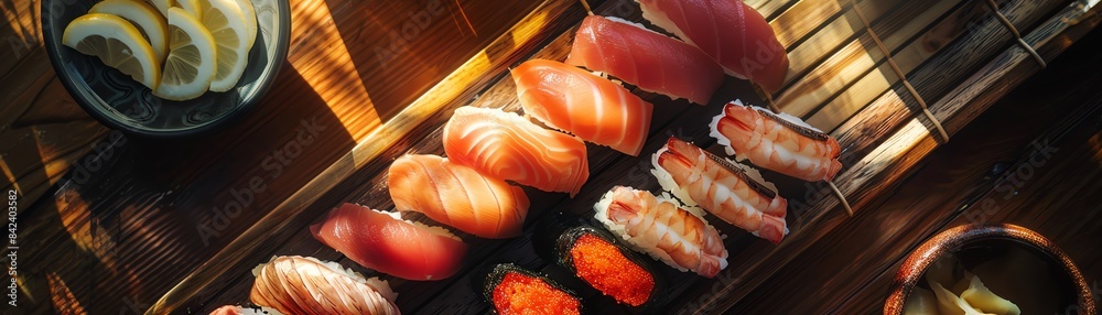 Top view of a Japanese izakaya table with assorted nigiri sushi ...