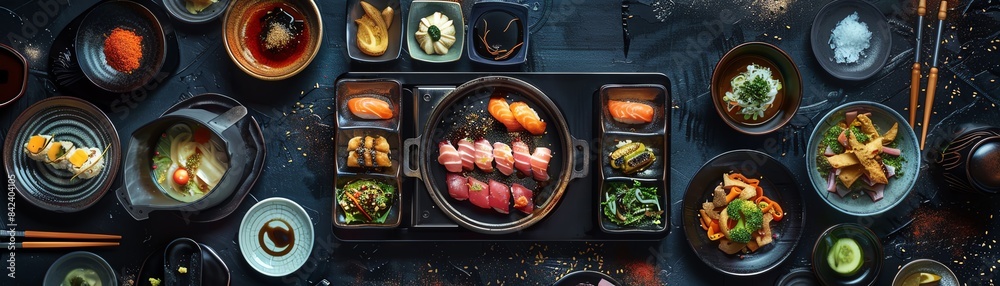 Top view of a lively izakaya table featuring a sizzling plate of ...
