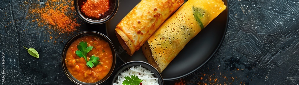 Top view of a traditional dosa with a side of coconut chutney and ...