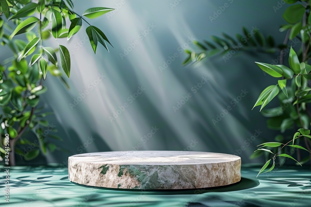 Natural stone podium with natural green background for product ...