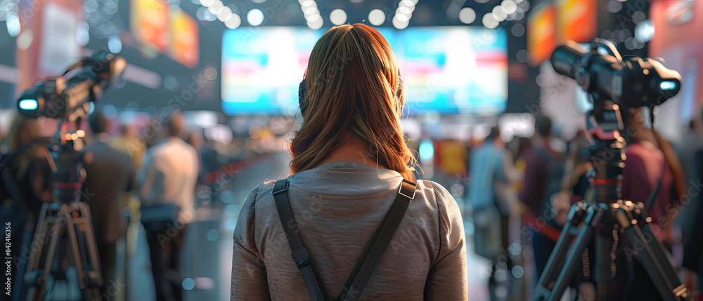 Public relations officer at a media event, background with banners and ...