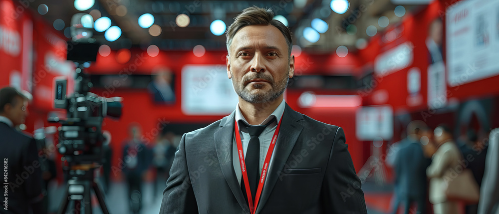 Public relations officer at a media event, background with banners and ...