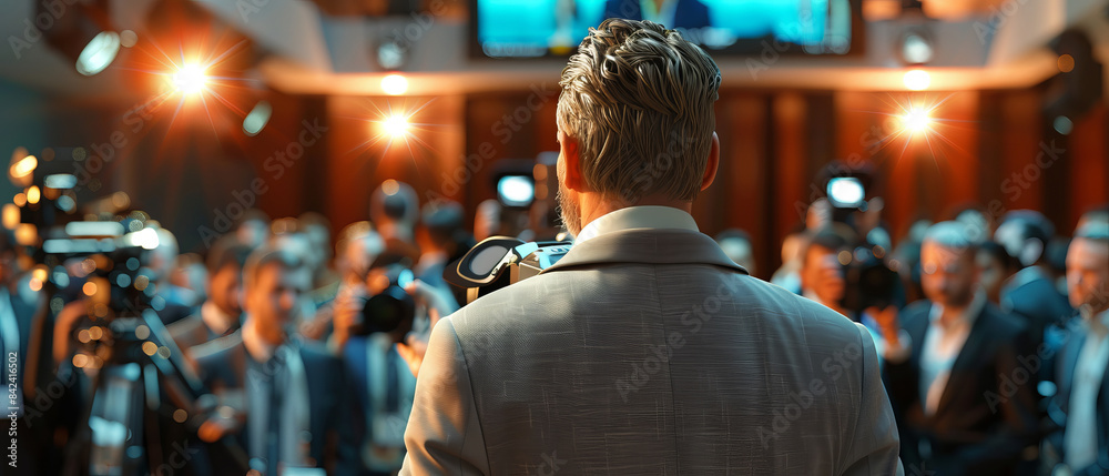 Public relations officer at a press conference, background with ...