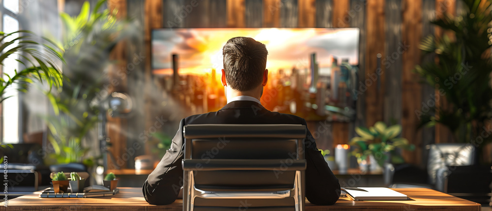 Public relations officer attending a virtual meeting, background with ...