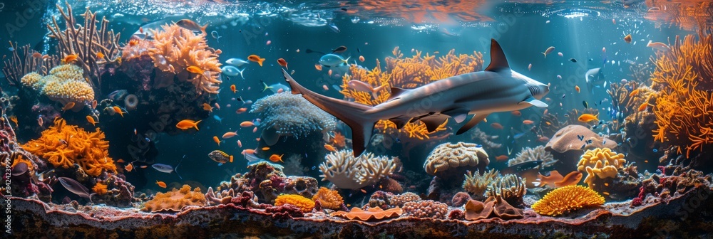 Panorama shark coral reef under water tropical sea. Animals of the ...