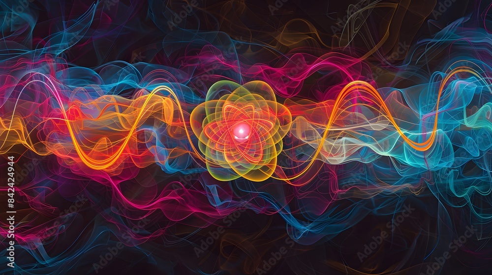Depiction of atomic absorption and emission spectra with colorful lines ...