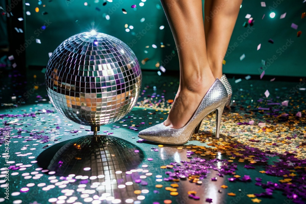 Women's legs in luxurious shiny pumps with heels at a party or disco on ...