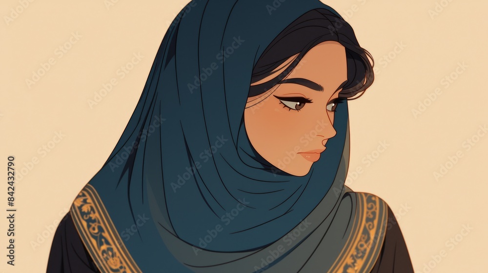 2d cartoon style portrait of a young Arab girl in traditional hijab ...